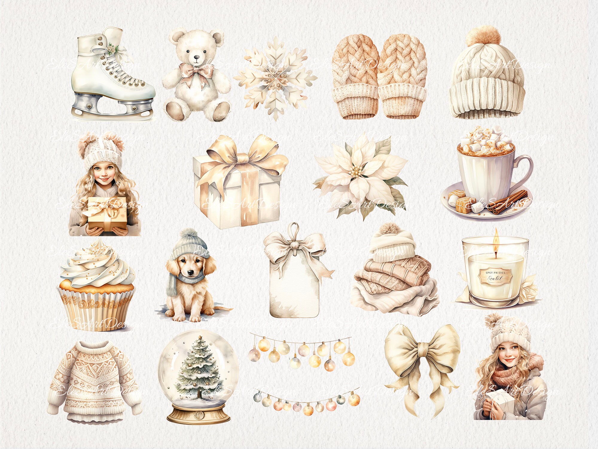 Cozy White Christmas Winter Watercolor Clipart PNG Bundle. AI ...
