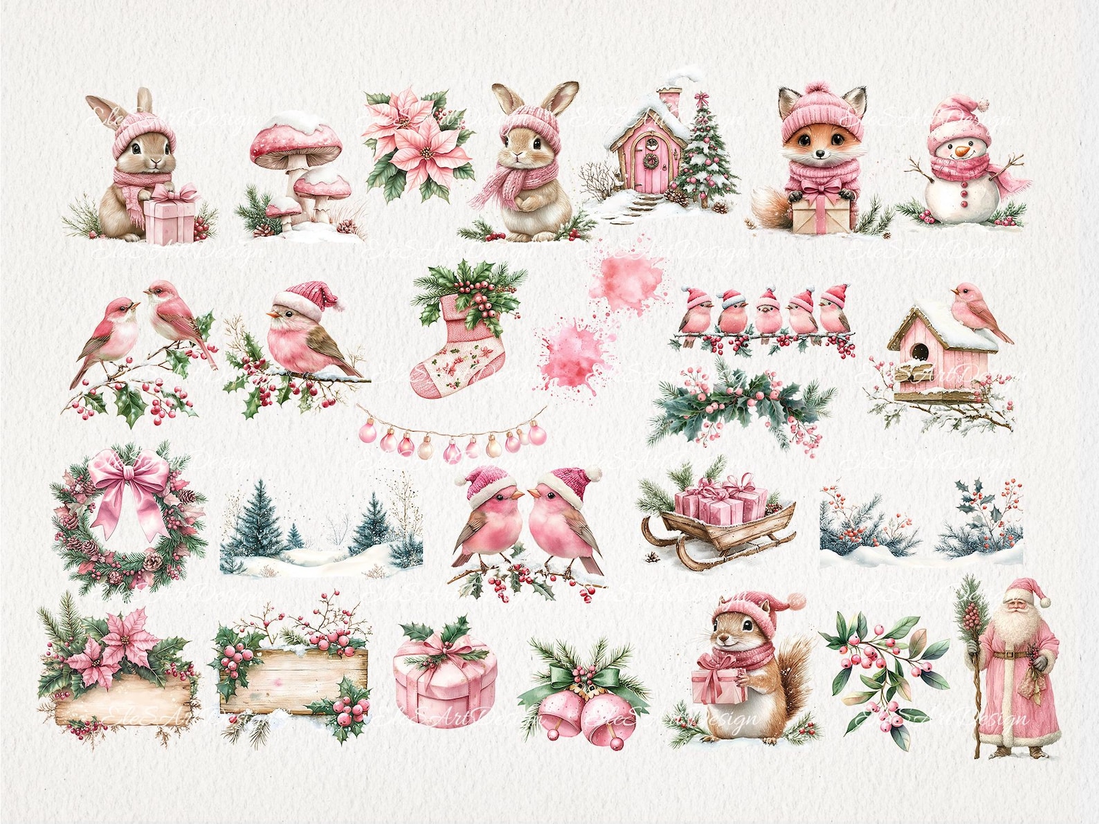 Pink Christmas Magic Winter Woodland Watercolor Clipart Bundle. AI ...