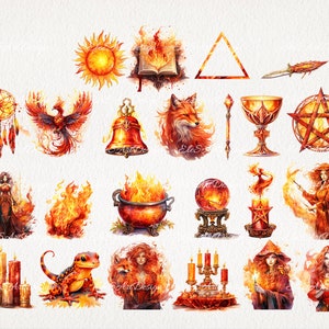 Fire Element Witch Witchcraft Watercolor Clipart PNG Bundle. AI ...