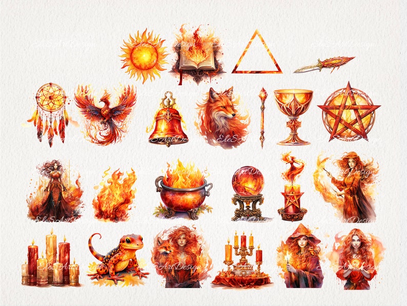 Fire Element Witch Witchcraft Watercolor Clipart PNG Bundle. AI ...