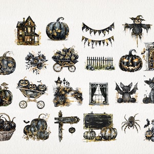 Black Halloween Pumpkin Watercolor Clipart PNG Bundle. Black Cat. AI ...