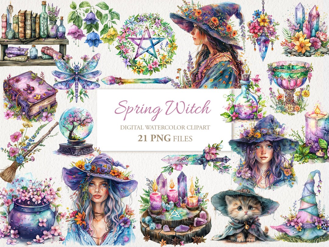Spring Witch Witchcraft Watercolor Clipart PNG Bundle. AI Illustration ...
