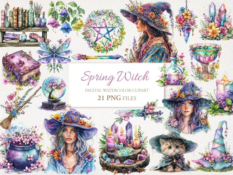 Spring Witch Witchcraft Watercolor Clipart PNG Bundle. AI Illustration ...