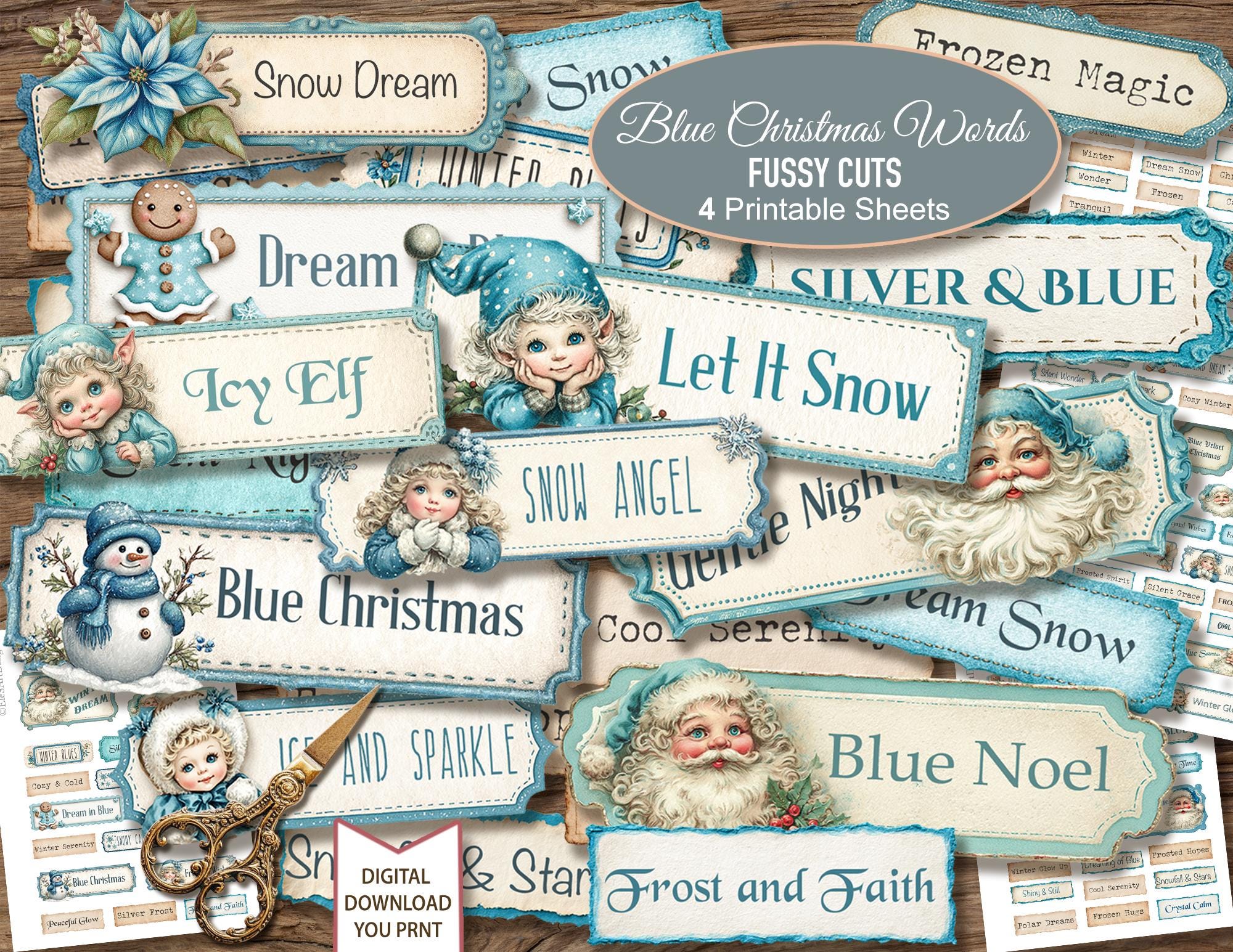 Blue Christmas Words Quotes. Junk Journal Ephemera. 4 JPG (digital ...