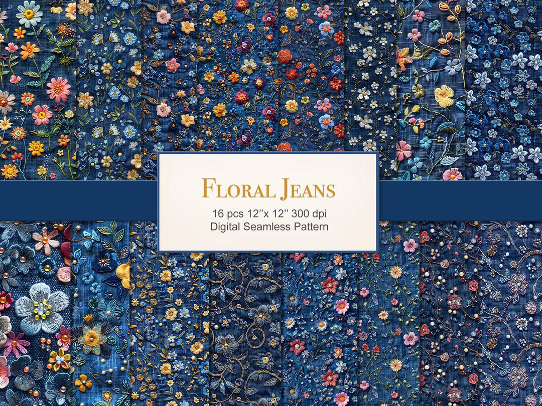 Floral Jeans Denim Seamless Pattern Paper Pages. Commercial Use ...