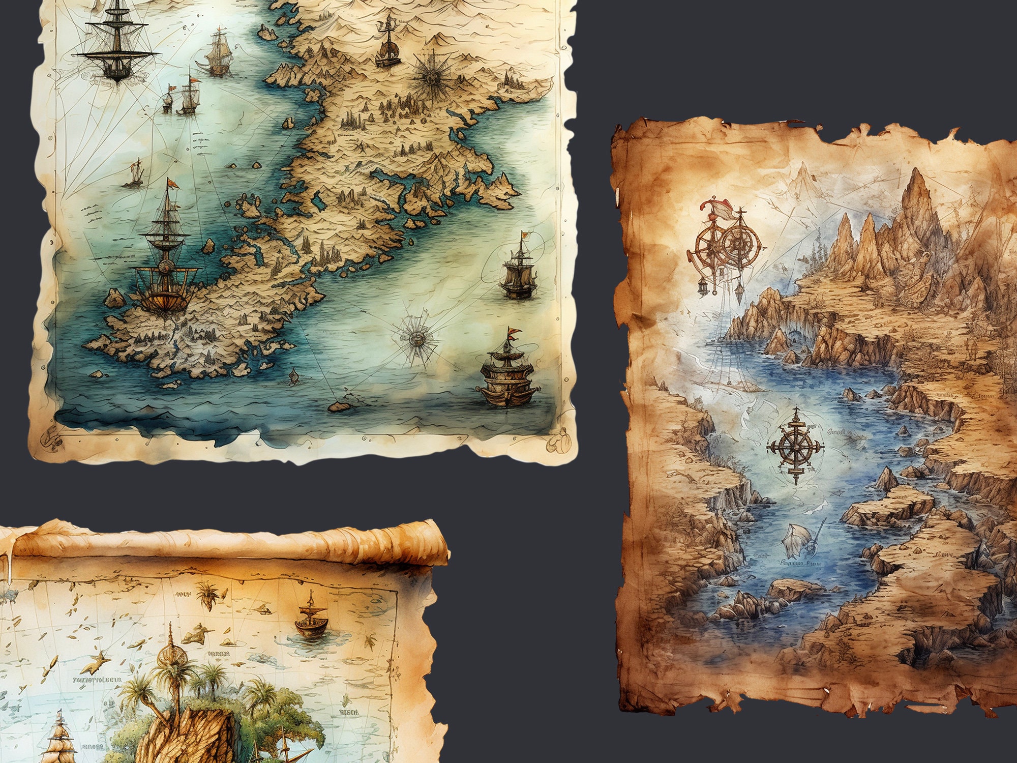 Pirate Maps Watercolor Nautical Clipart PNG Bundle. AI Illustration ...