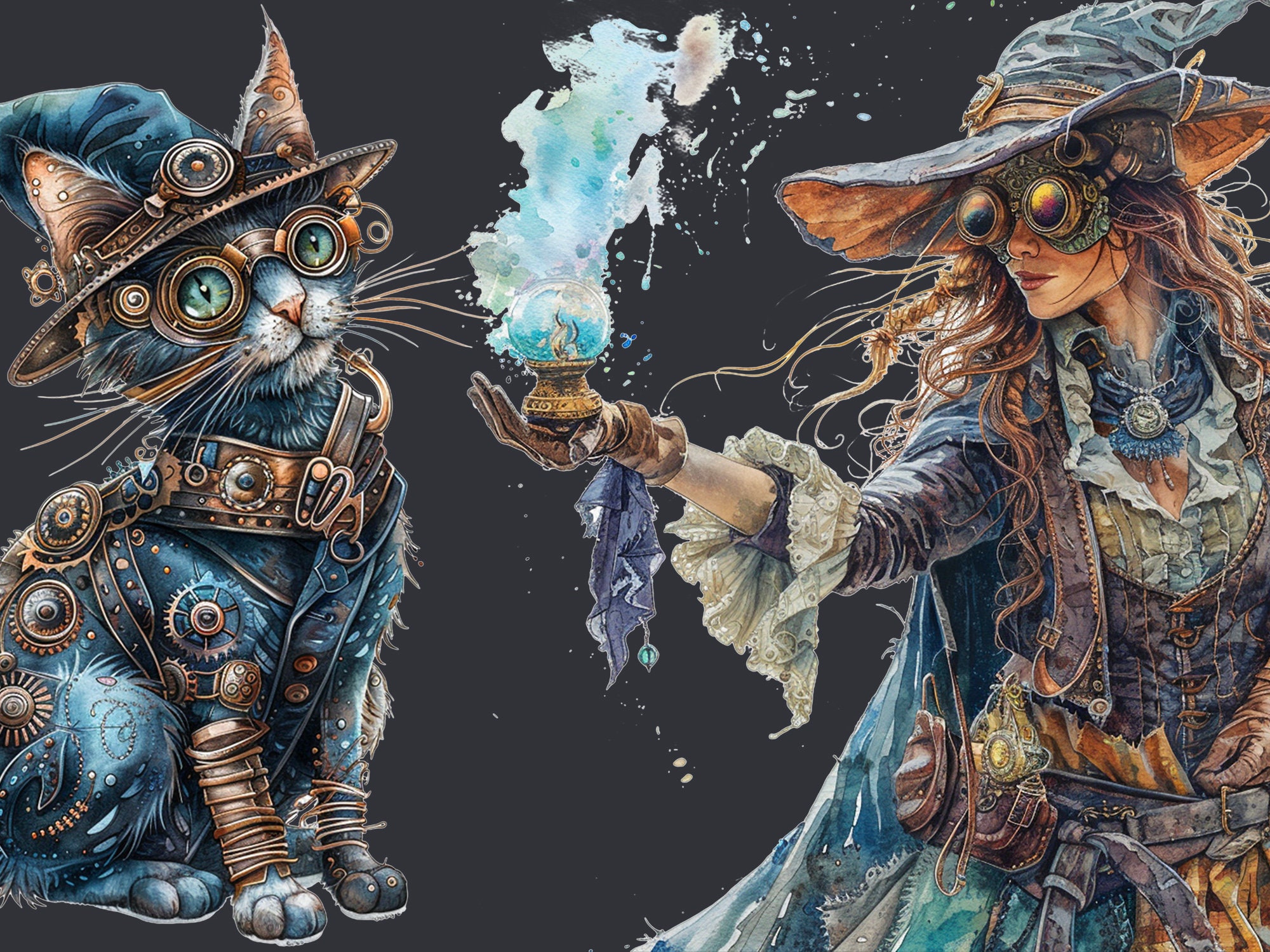 Steampunk Witch Witchcraft Watercolor Clipart PNG Bundle. AI ...