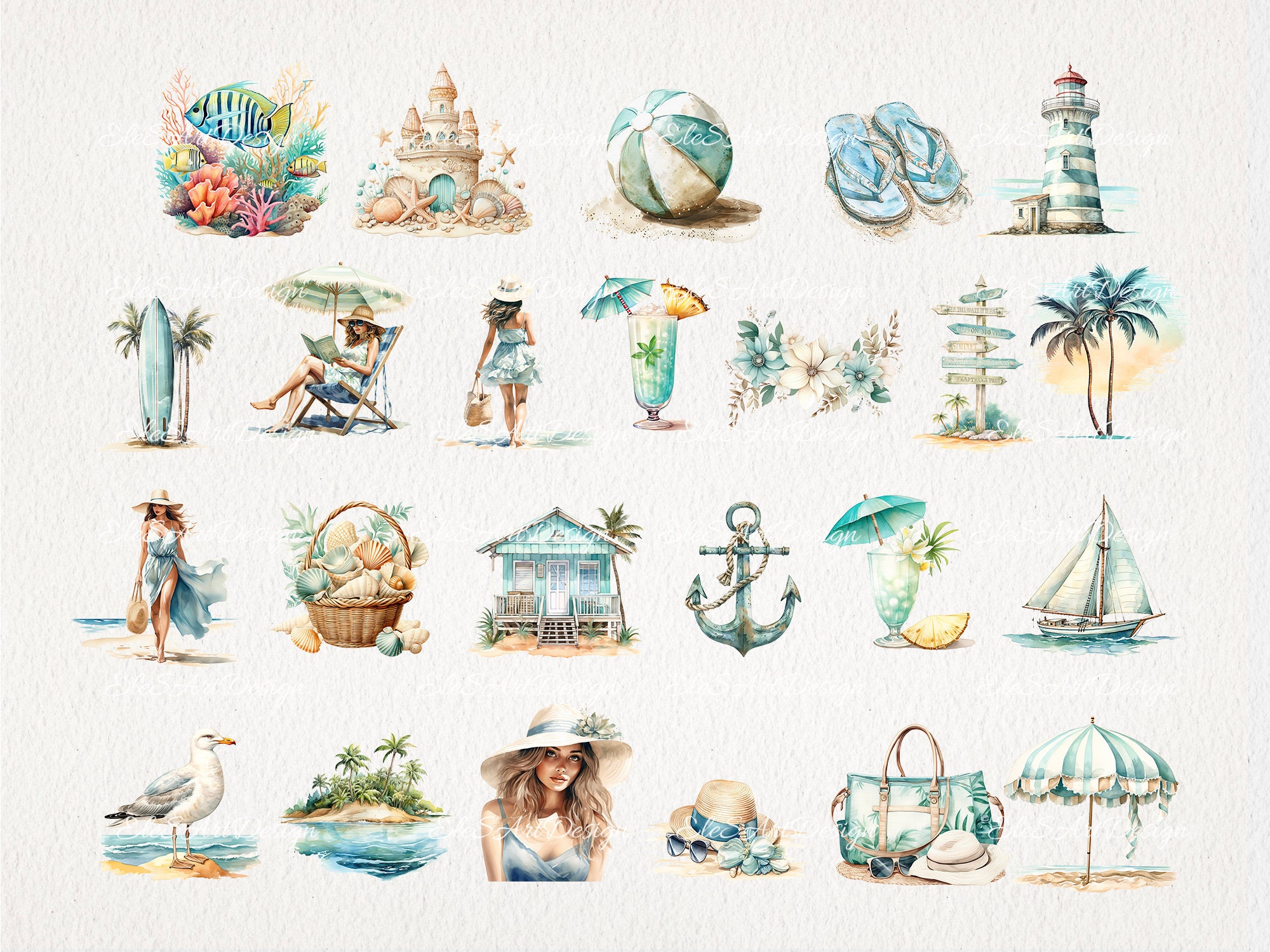 Tropical Ocean Sea Vacation nautical Watercolor Clipart PNG Bundle. AI ...