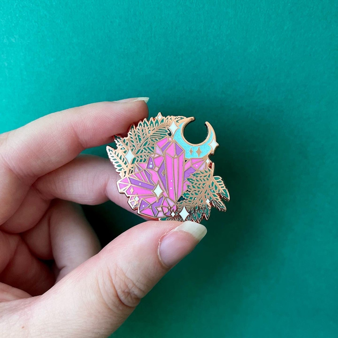 Fern and Crystals Pink Glitter Pin Moon Pin Enamel Pin - Etsy