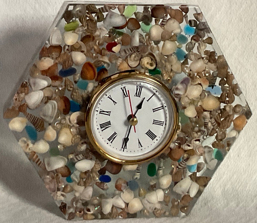 Clock, Sea Glass, Shells, Hexagon, Beach Clock, Shell Clock, Desk Clock ...