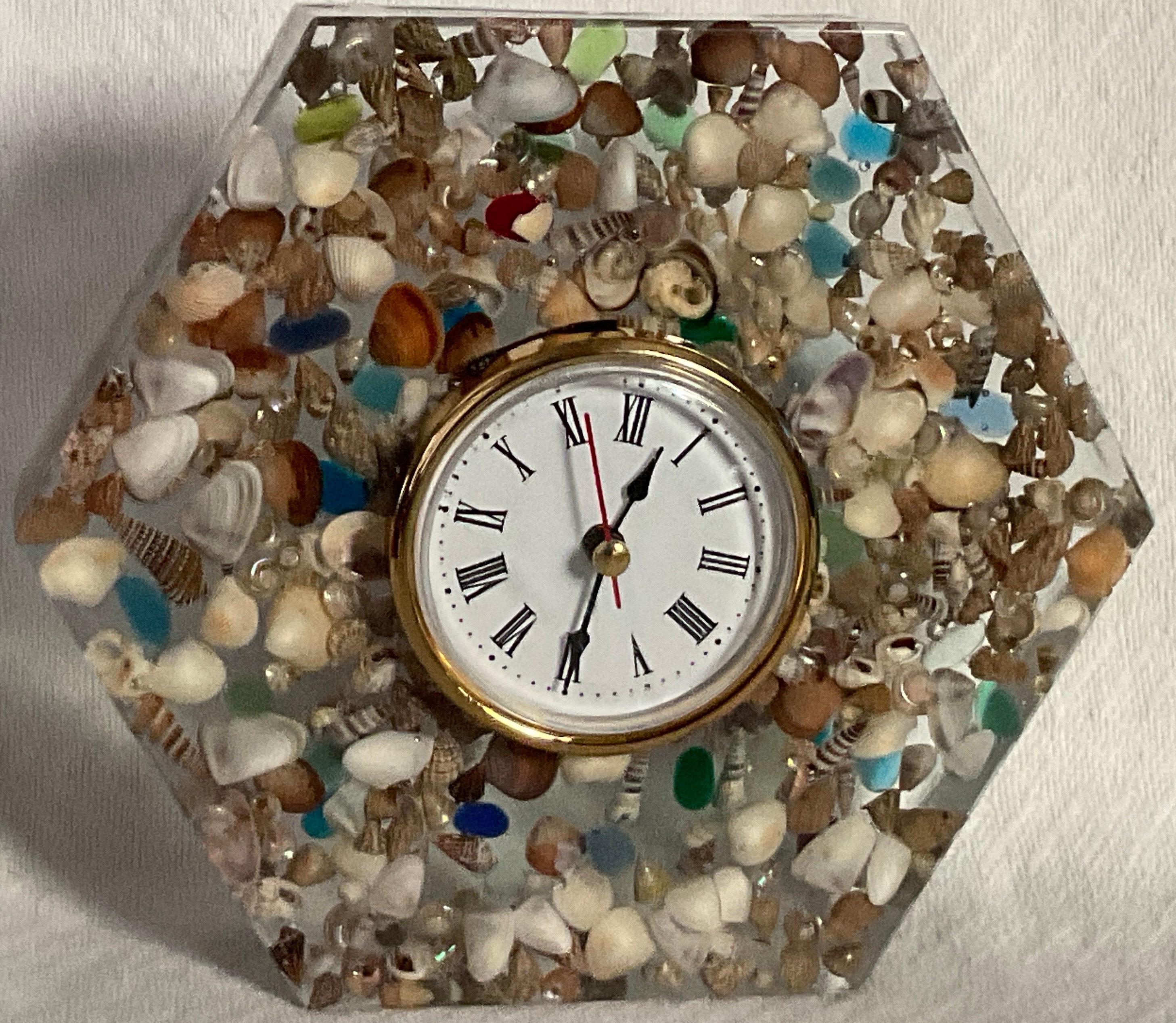 Clock, Sea Glass, Shells, Hexagon, Beach Clock, Shell Clock, Desk Clock ...
