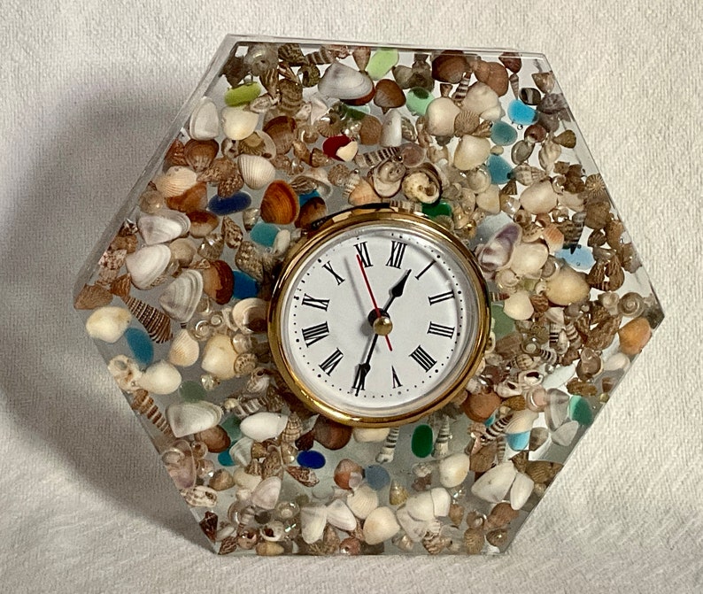 Clock, Sea Glass, Shells, Hexagon, Beach Clock, Shell Clock, Desk Clock ...