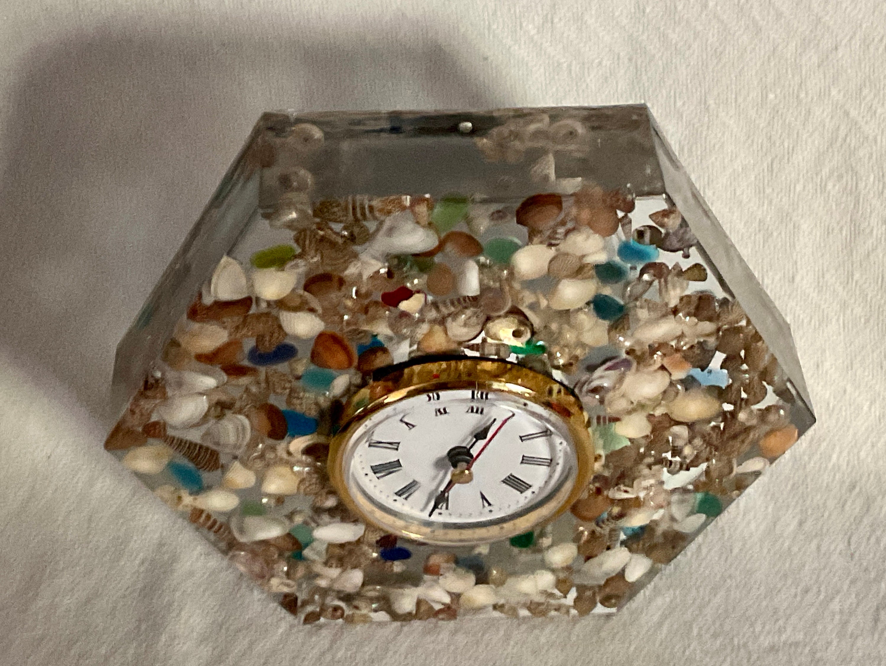 Clock, Sea Glass, Shells, Hexagon, Beach Clock, Shell Clock, Desk Clock ...