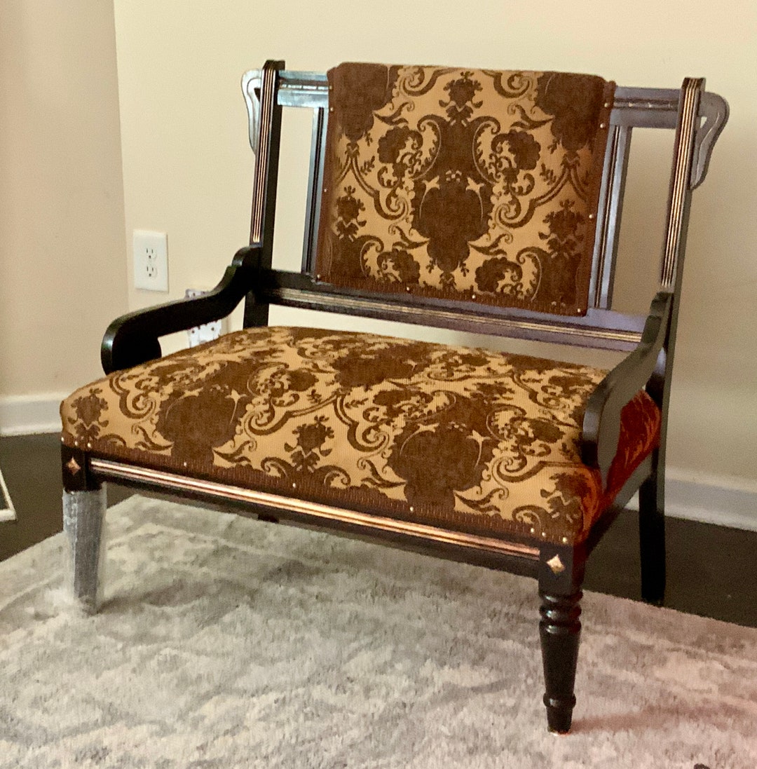 Small French Style Settee, Antique Settee, Tapestry Style Upholstery ...