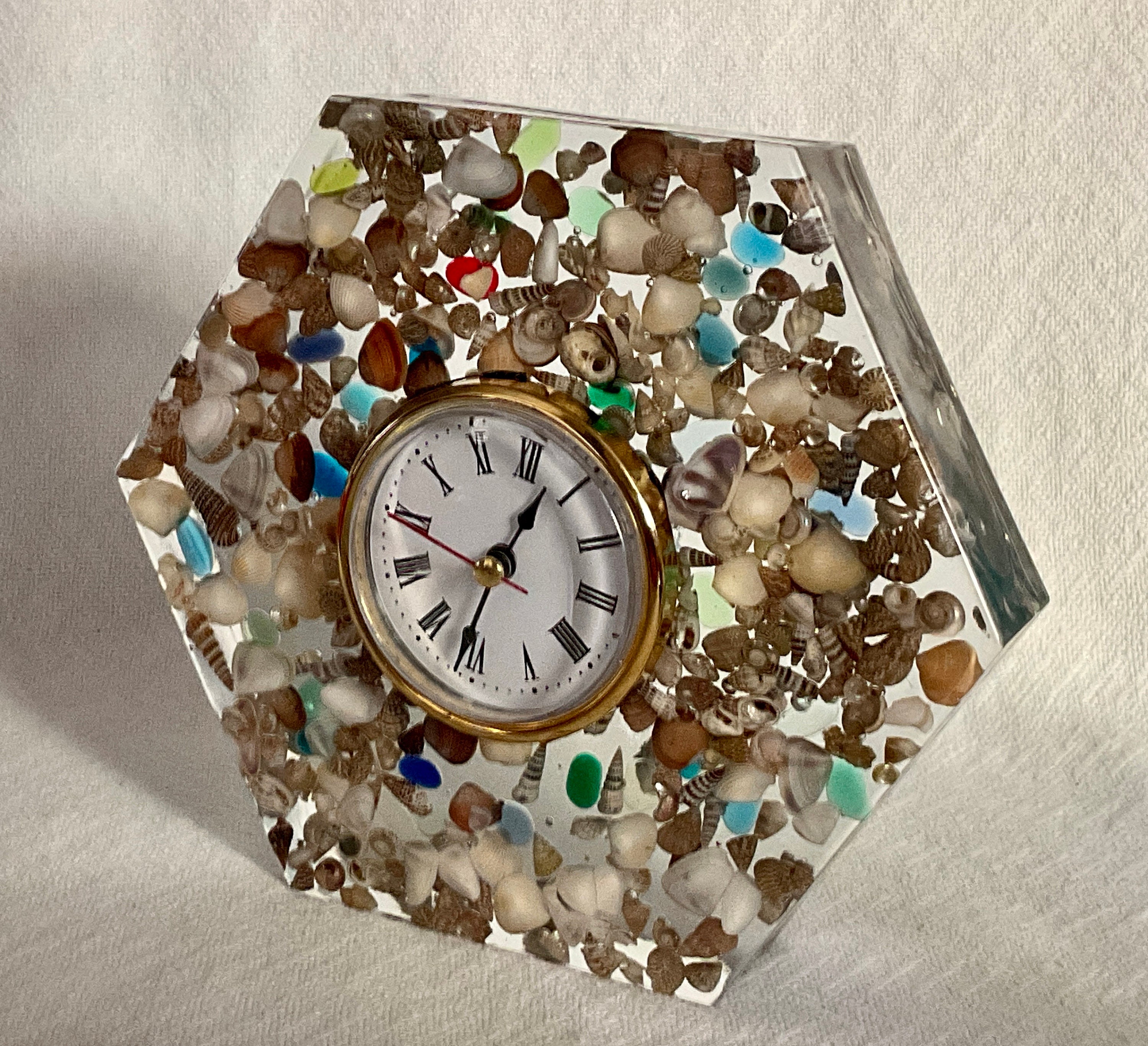 Clock, Sea Glass, Shells, Hexagon, Beach Clock, Shell Clock, Desk Clock ...