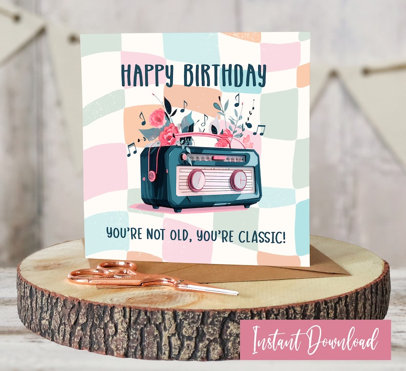 Vintage Radio Birthday Card for DJ Seventies Boombox Printable Gifts ...