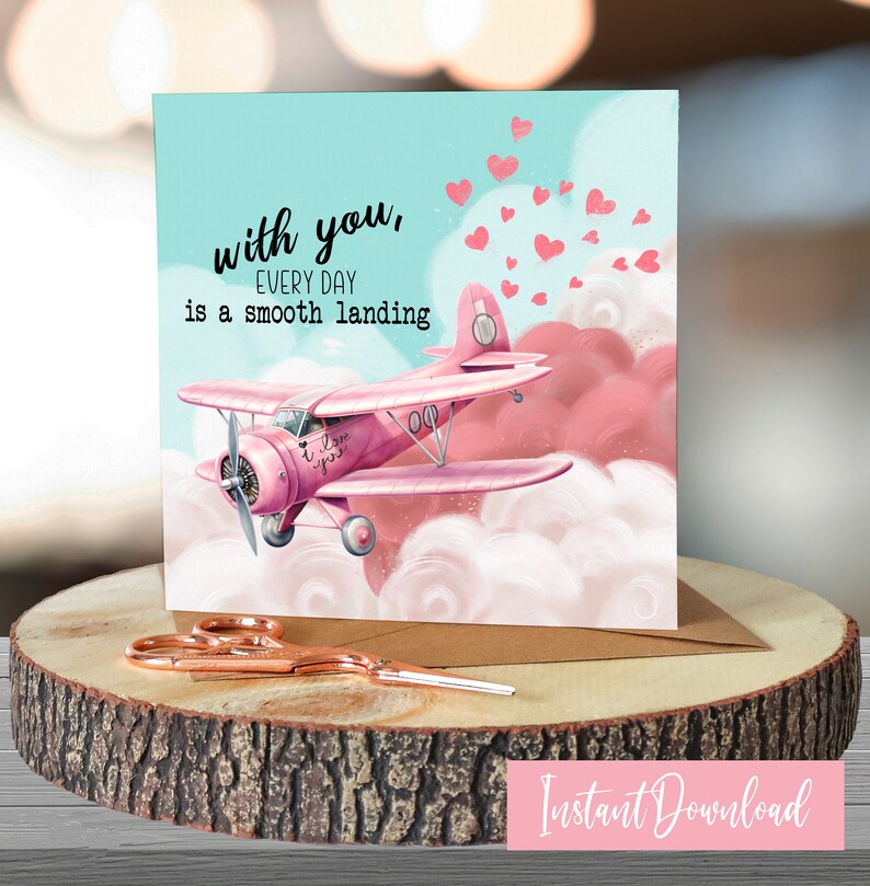 Airplane Anniversary Day Card for Pilot Printable Valentines Aeroplane ...