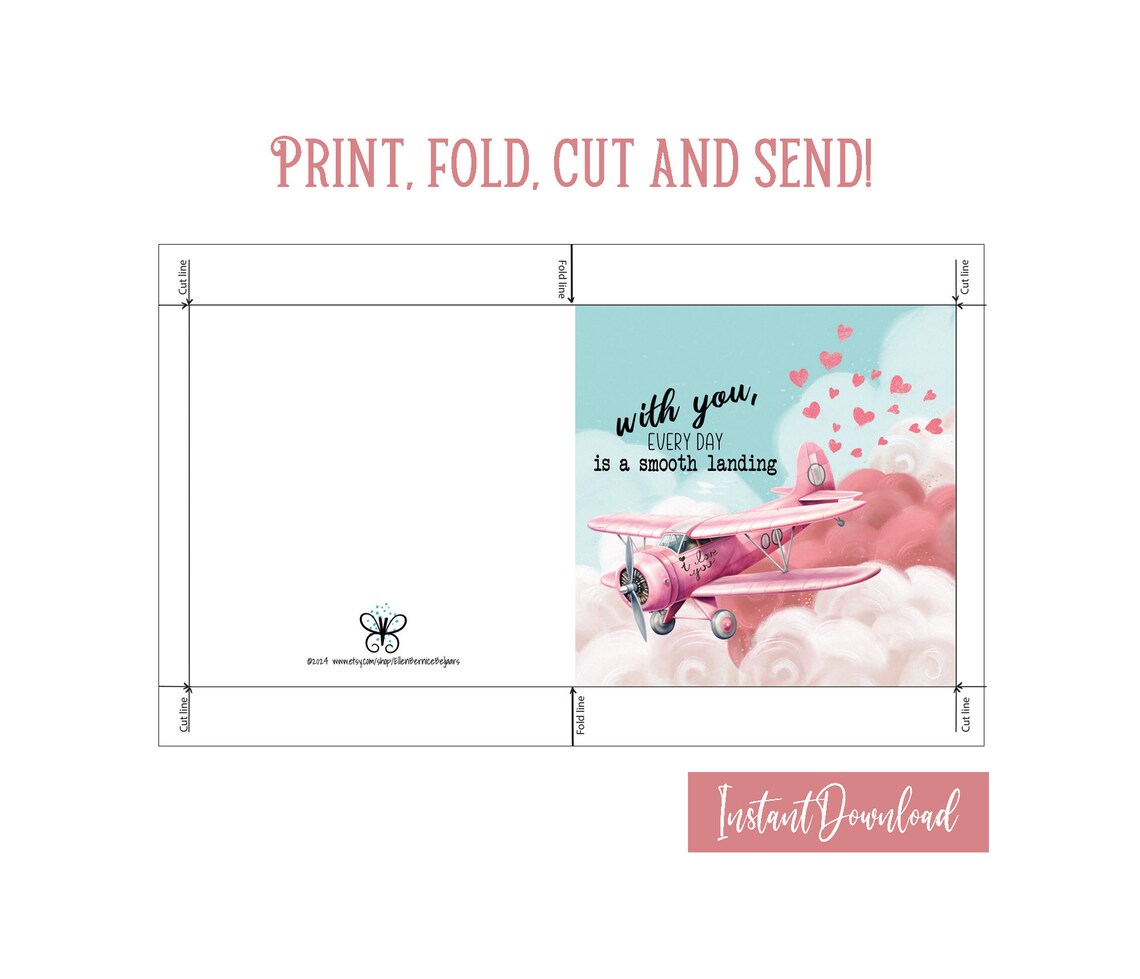 Airplane Anniversary Day Card for Pilot Printable Valentines Aeroplane ...