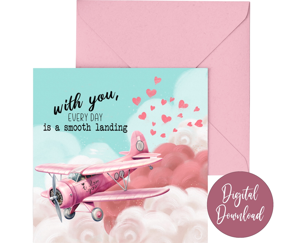 Airplane Anniversary Day Card for Pilot Printable Valentines Aeroplane ...