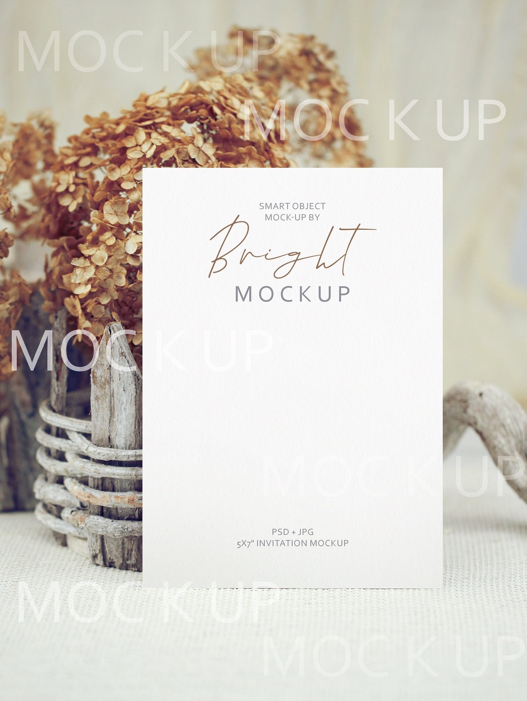 5x7 Rustic Wedding Invitation Mockup, Empty White Card Mock Up, Natural ...