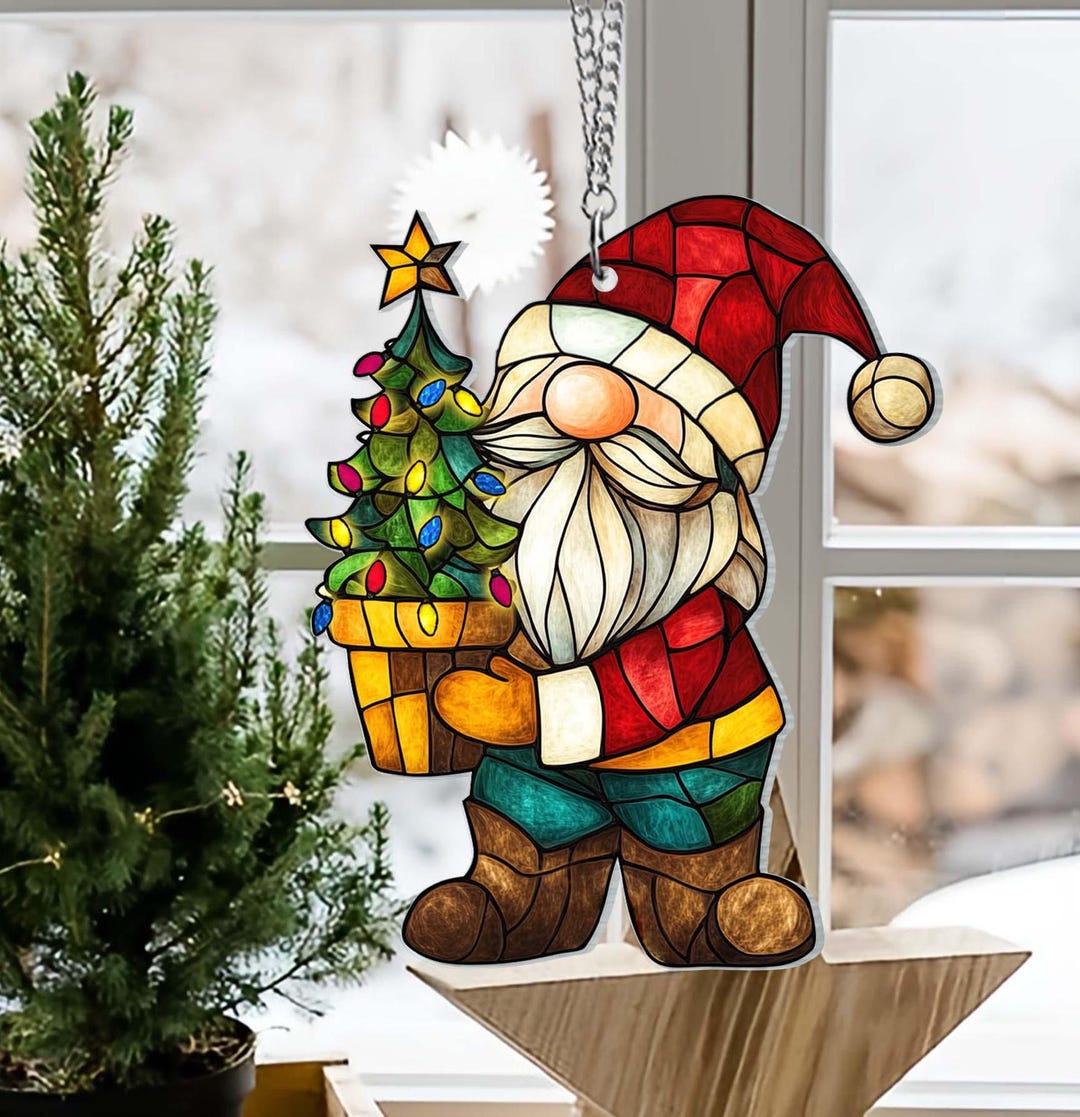 Christmas Tree and Gnome Suncatcher, Holiday Tree Ornament, Christmas ...