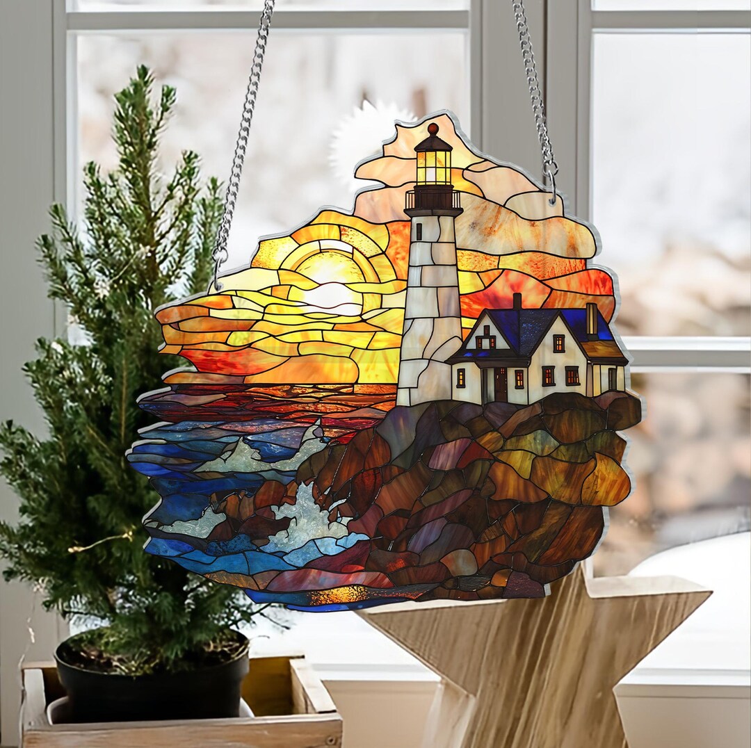 Lighthouse Sunset on Sea Suncatcher, Lighthouse Window Hangings, Light ...