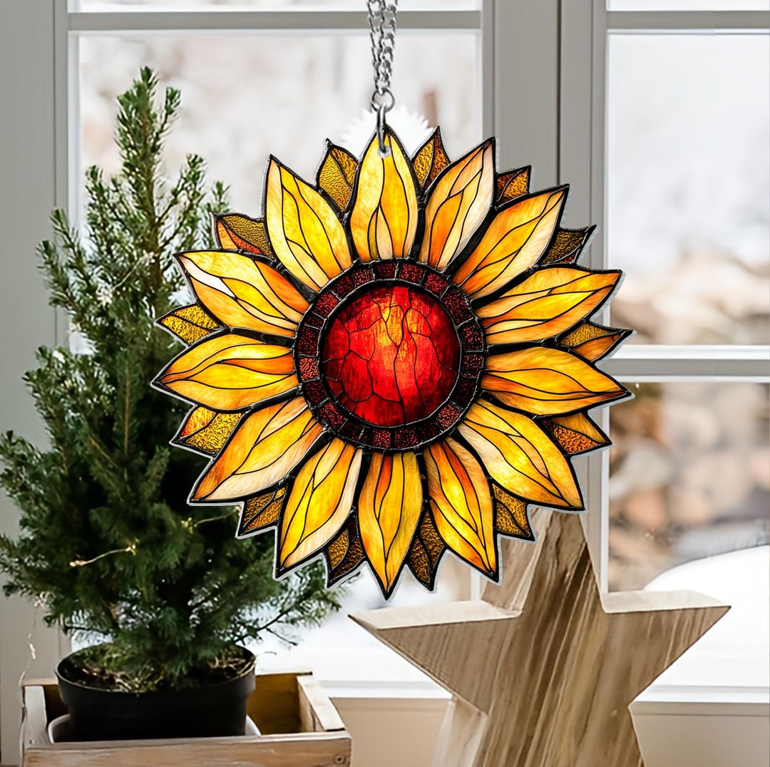 Sunflower Acrylic Ornament, Sunflower Window Hanging, Floral Ornament ...