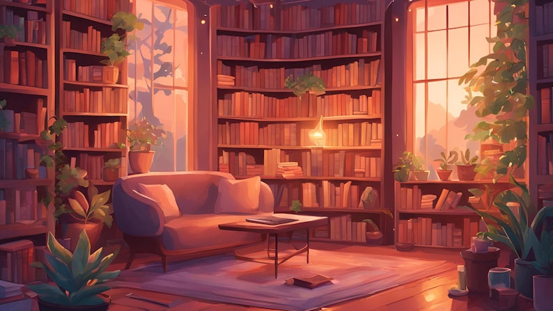 Lofi Library Wallpaper Cozy Study Room With Lush Greenery - Etsy