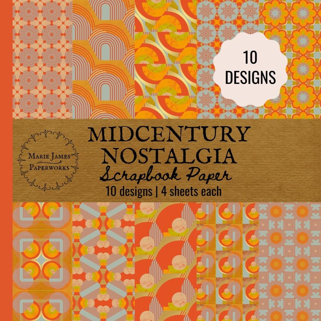 Mid Century Nostalgia Retro Scrapbook Paper | 10 Orange, Yellow and ...