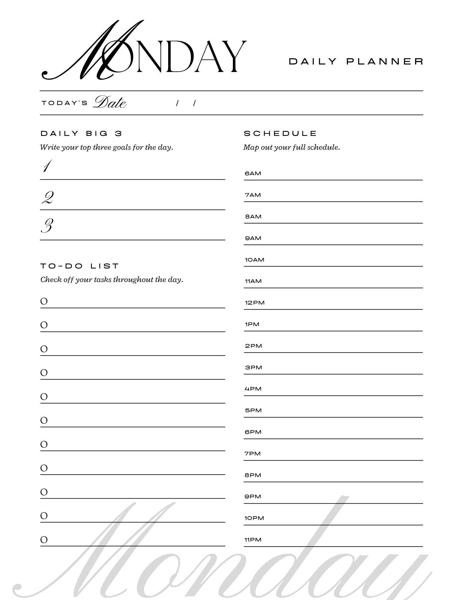 Black White Daily Planner Printable, Daily to Do List for Work/home ...
