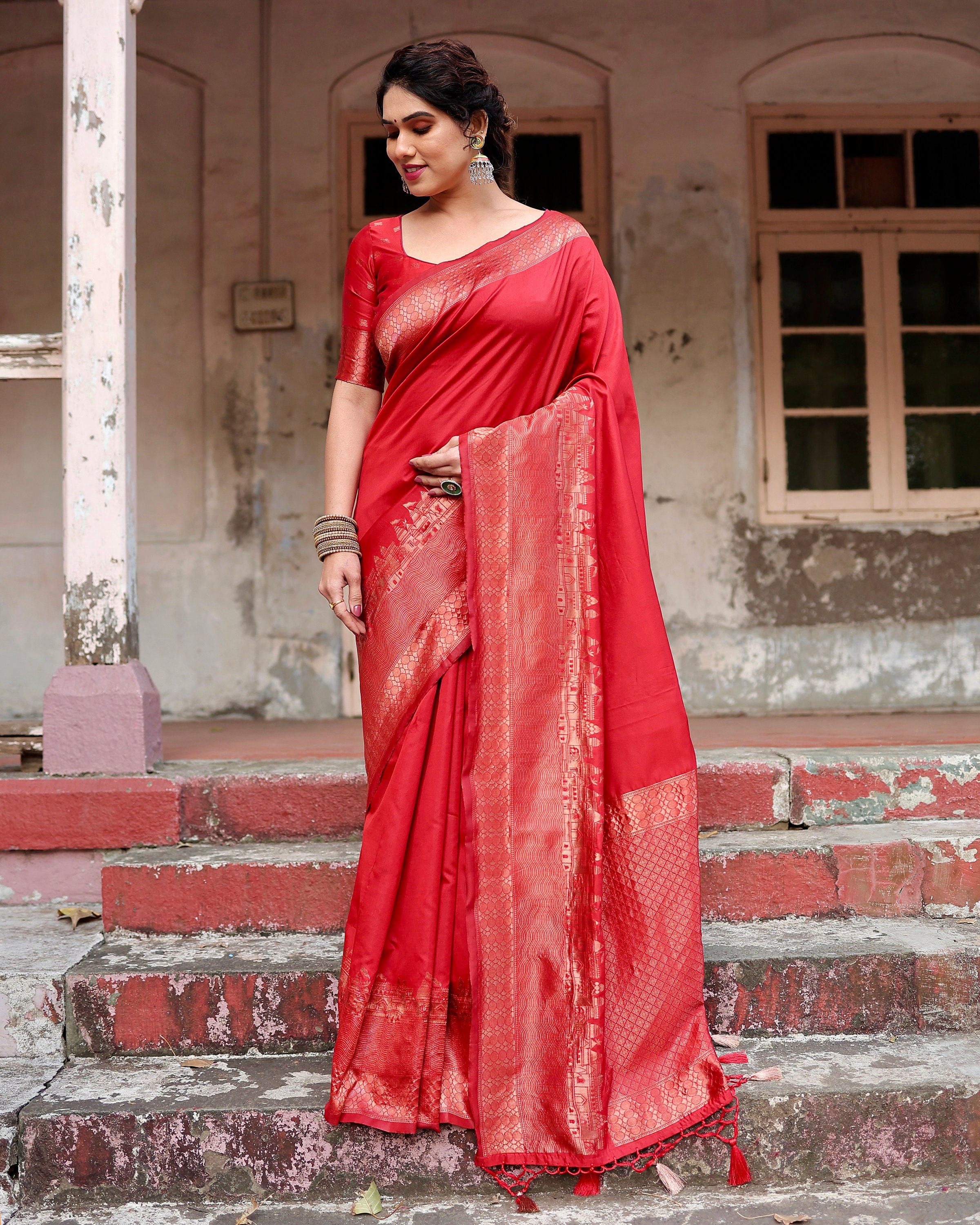 Red Color Saree With Copper Zari Work Blouse Semi Silk Premium Fabric ...
