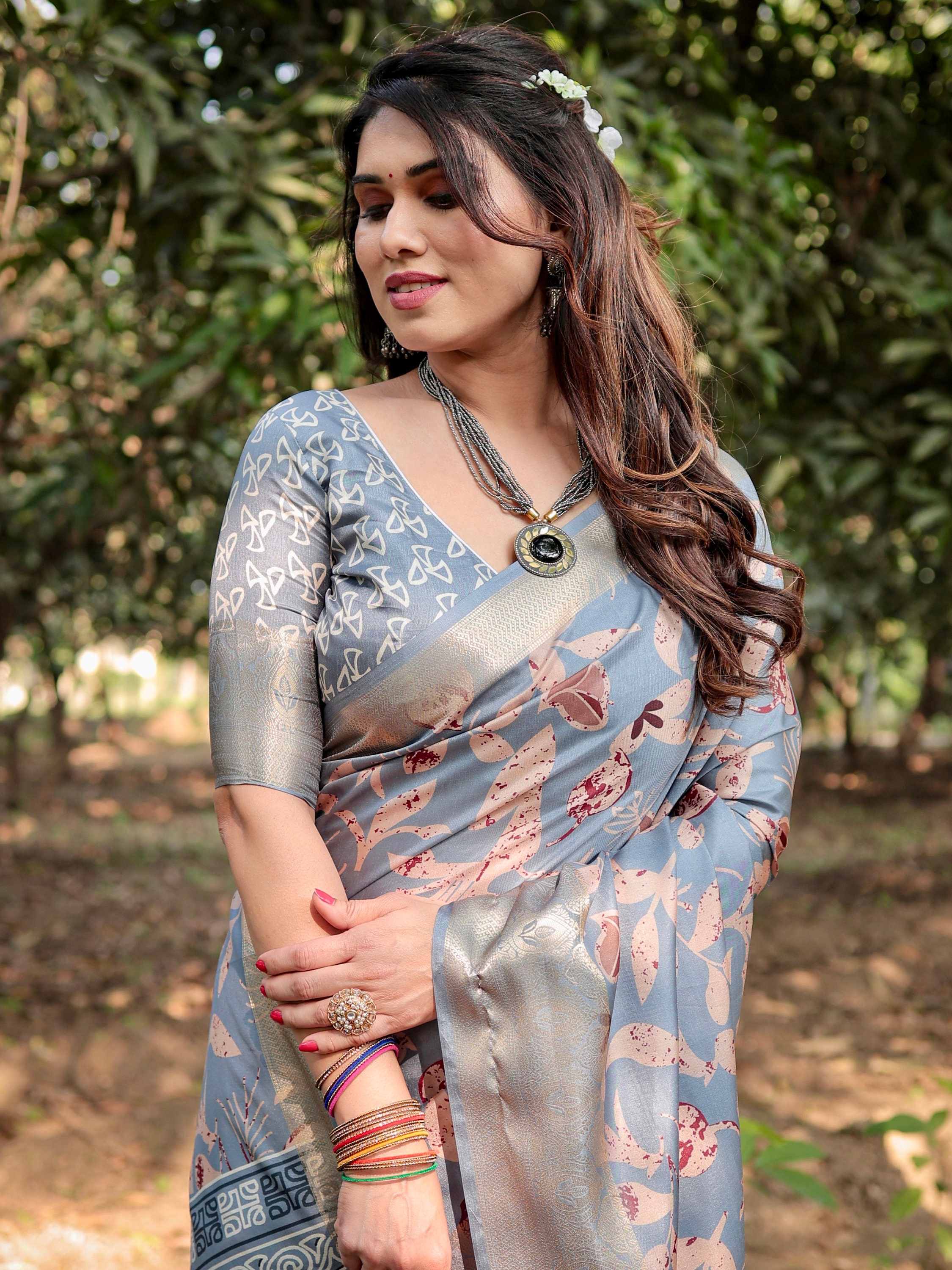 Grey Color Saree With Digital Print Work Semi Silk Saree for Women With ...