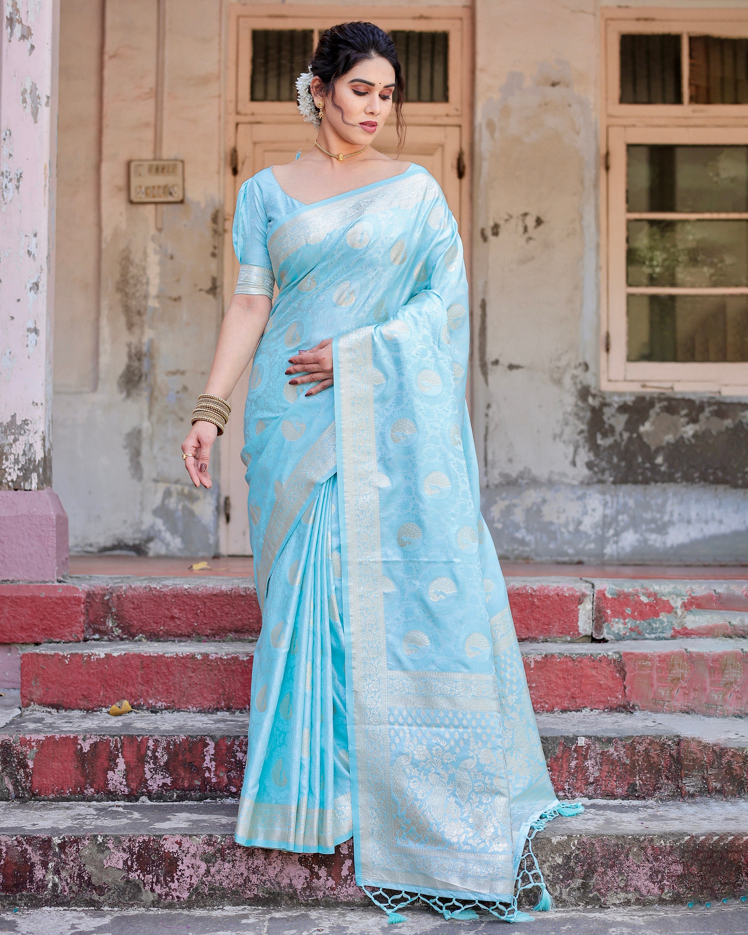 Sky Blue Color Saree With Zari Work Semi Silk Saree for Women With ...