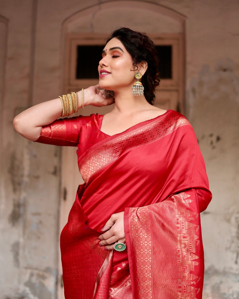 Red Color Saree With Copper Zari Work Blouse Semi Silk Premium Fabric ...