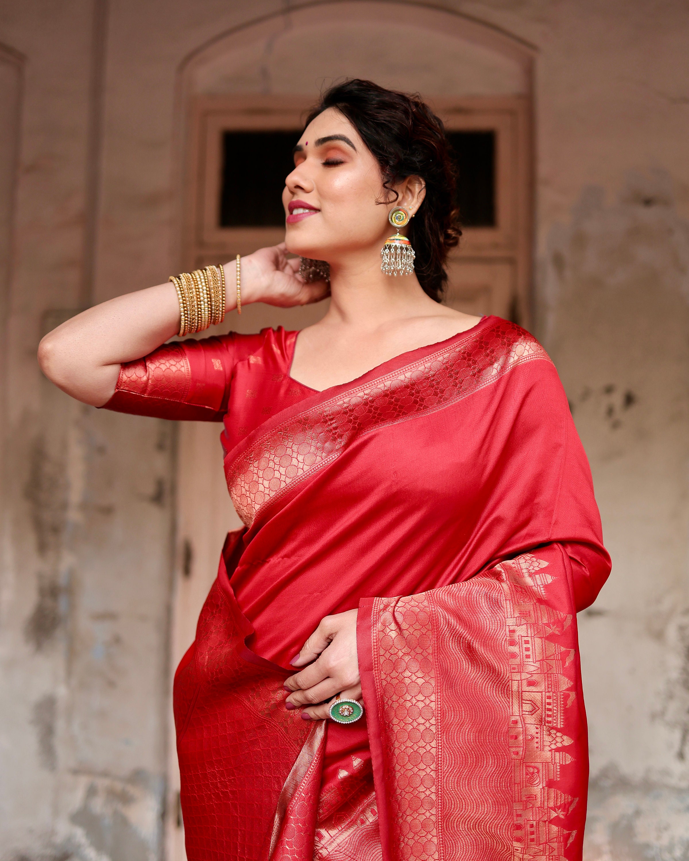 Red Color Saree With Copper Zari Work Blouse Semi Silk Premium Fabric ...