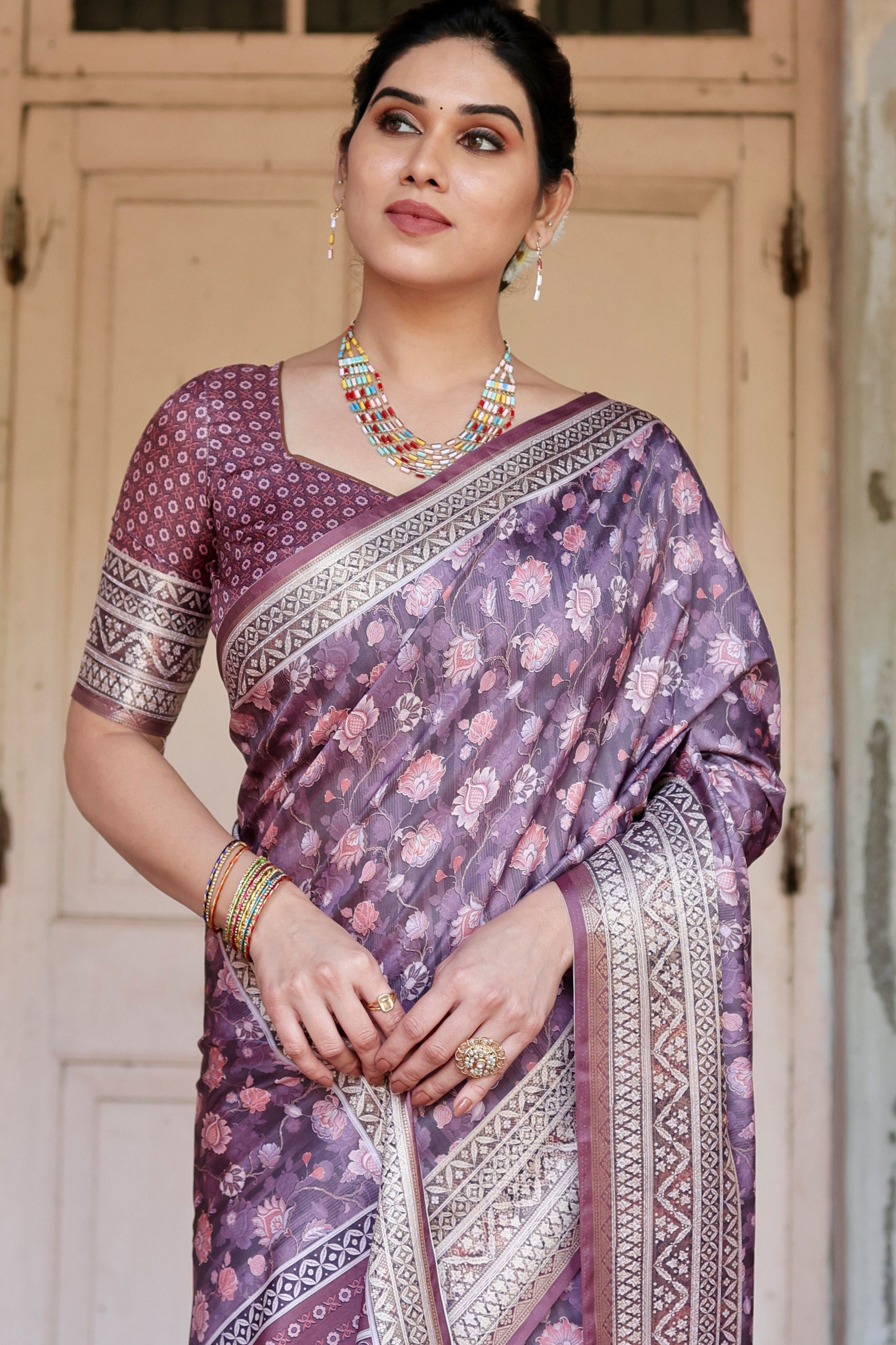 Light Lavender Color Saree With Digital Print Semi Silk Saree for Women ...