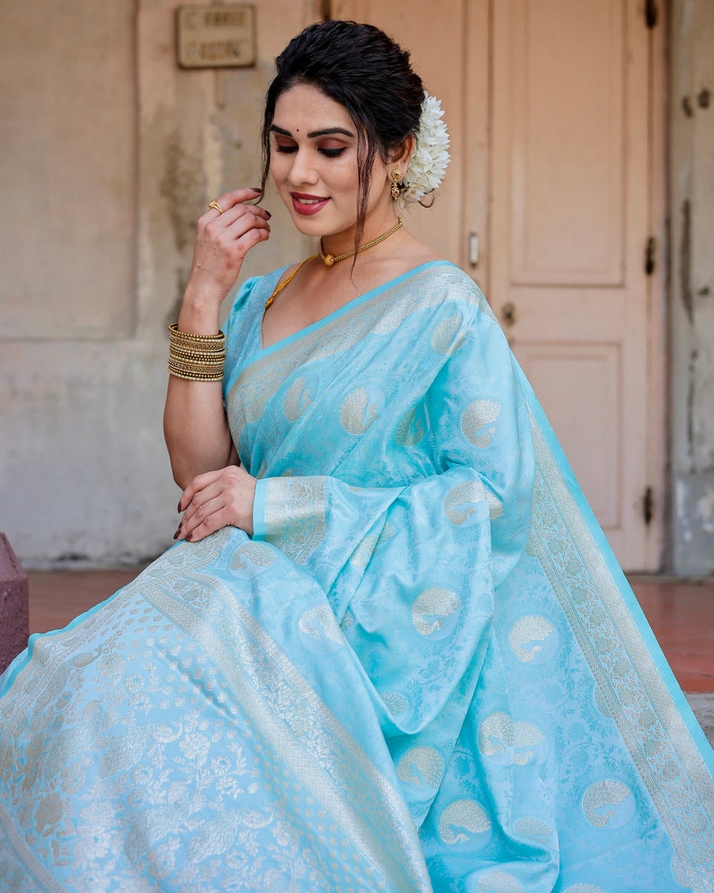 Sky Blue Color Saree With Zari Work Semi Silk Saree for Women With ...