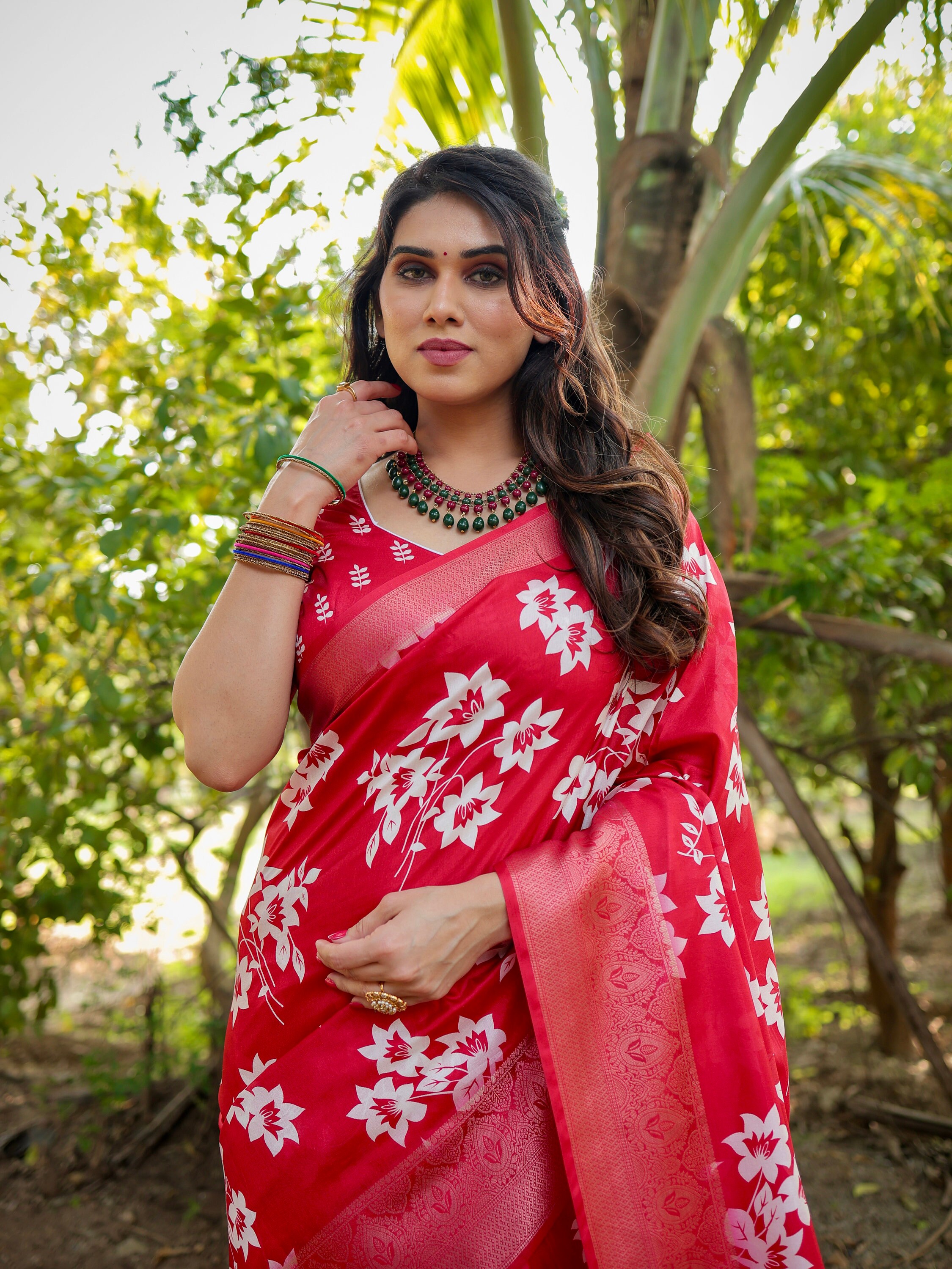 Red Color Saree With Digital Print Work Semi Silk Saree for Women With ...