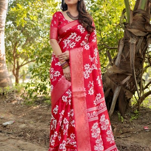 Red Color Saree With Digital Print Work Semi Silk Saree for Women With ...