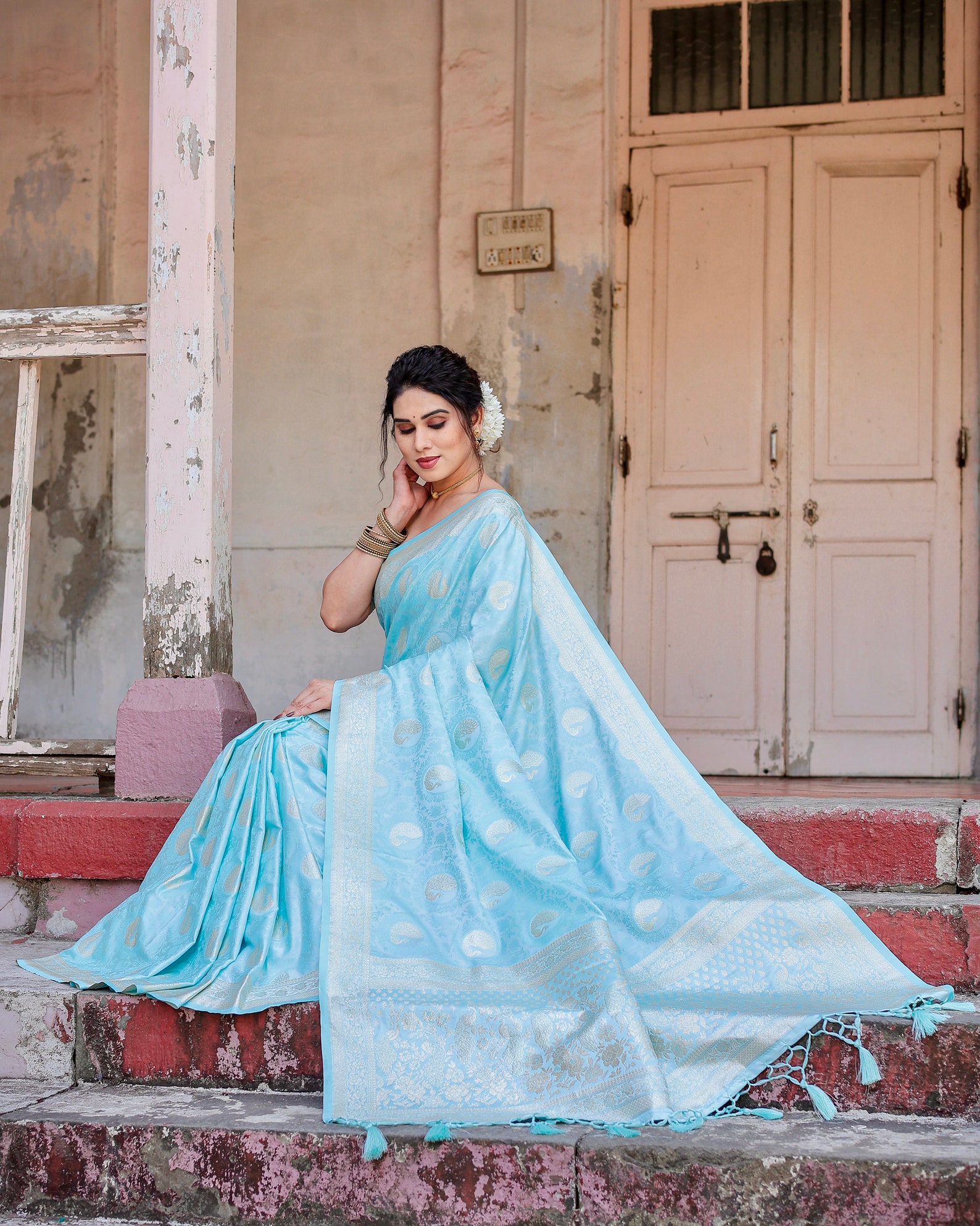 Sky Blue Color Saree With Zari Work Semi Silk Saree for Women With ...