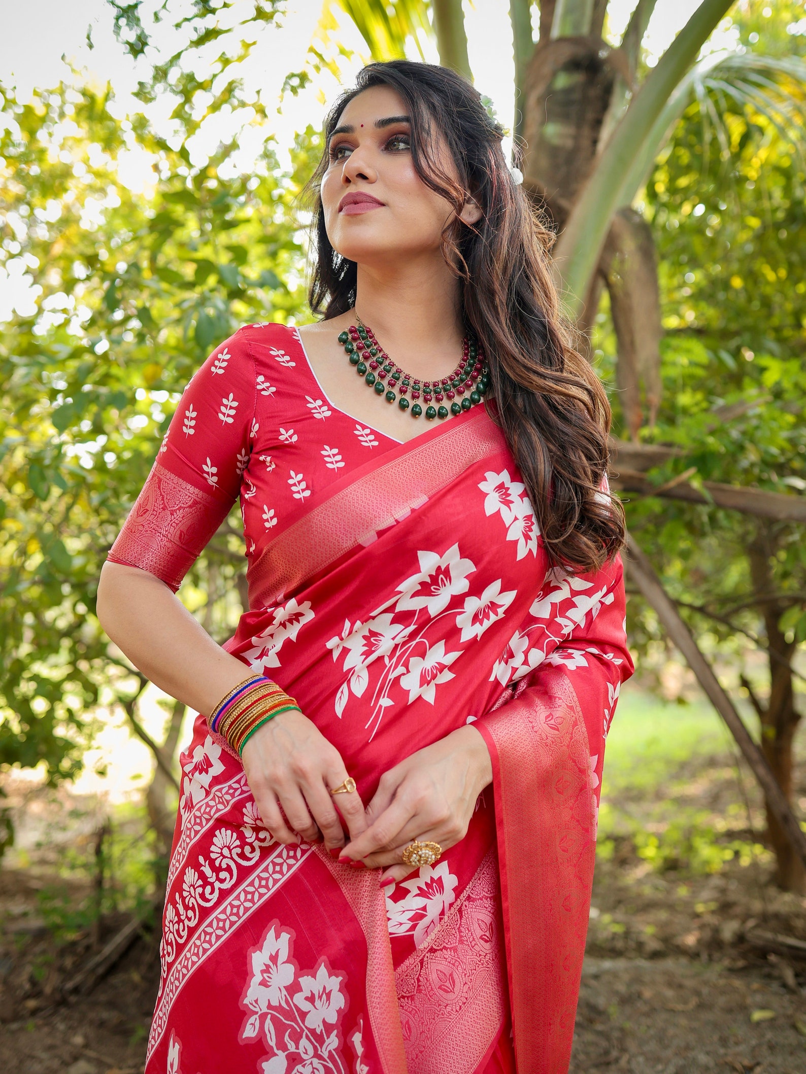 Red Color Saree With Digital Print Work Semi Silk Saree for Women With ...