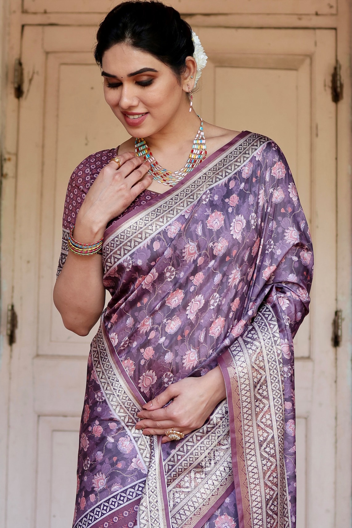 Light Lavender Color Saree With Digital Print Semi Silk Saree for Women ...