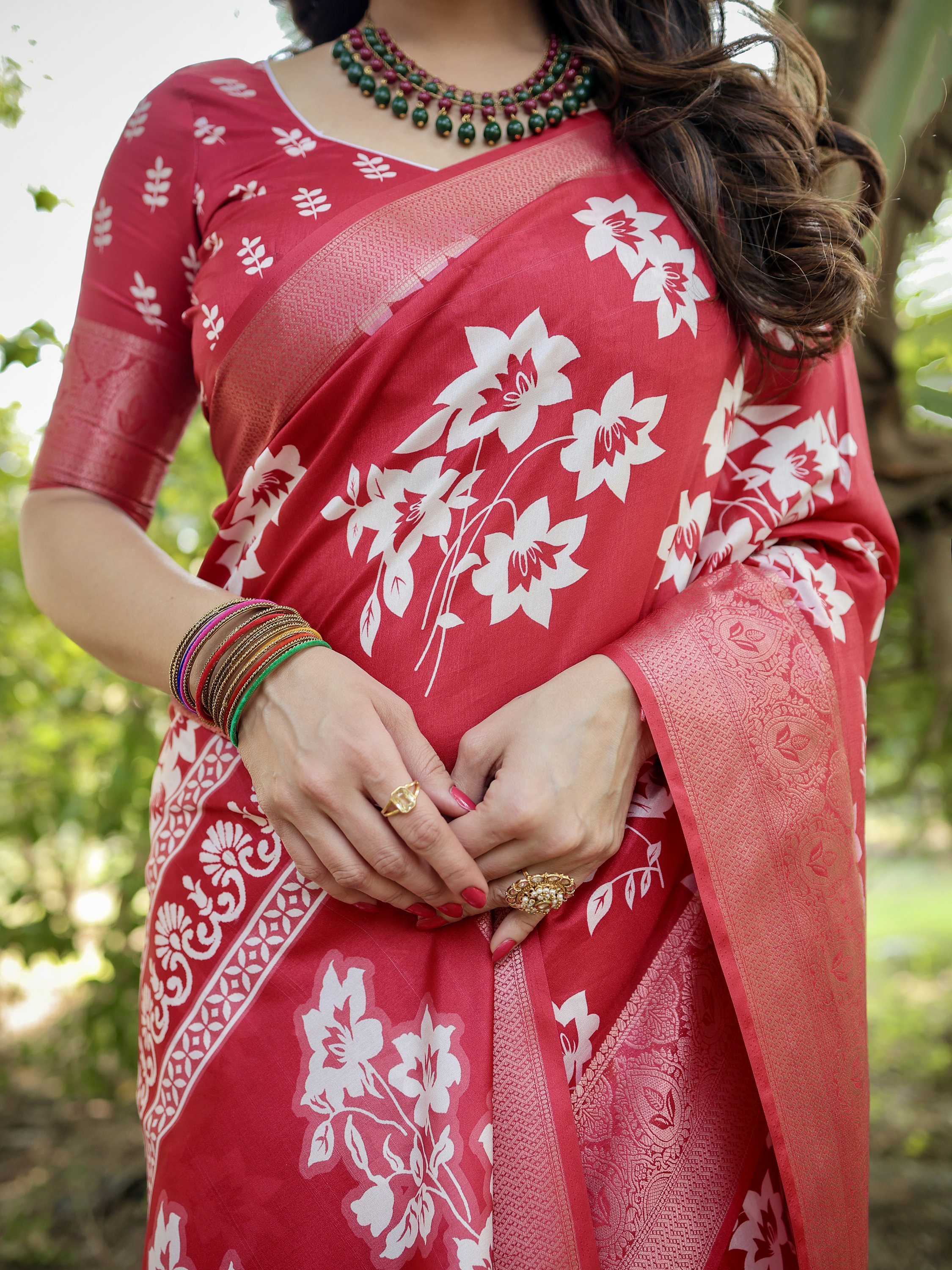 Red Color Saree With Digital Print Work Semi Silk Saree for Women With ...