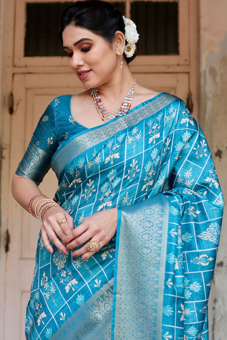 Sky Blue Color Saree With Digital Print Semi Silk Saree for Women With ...