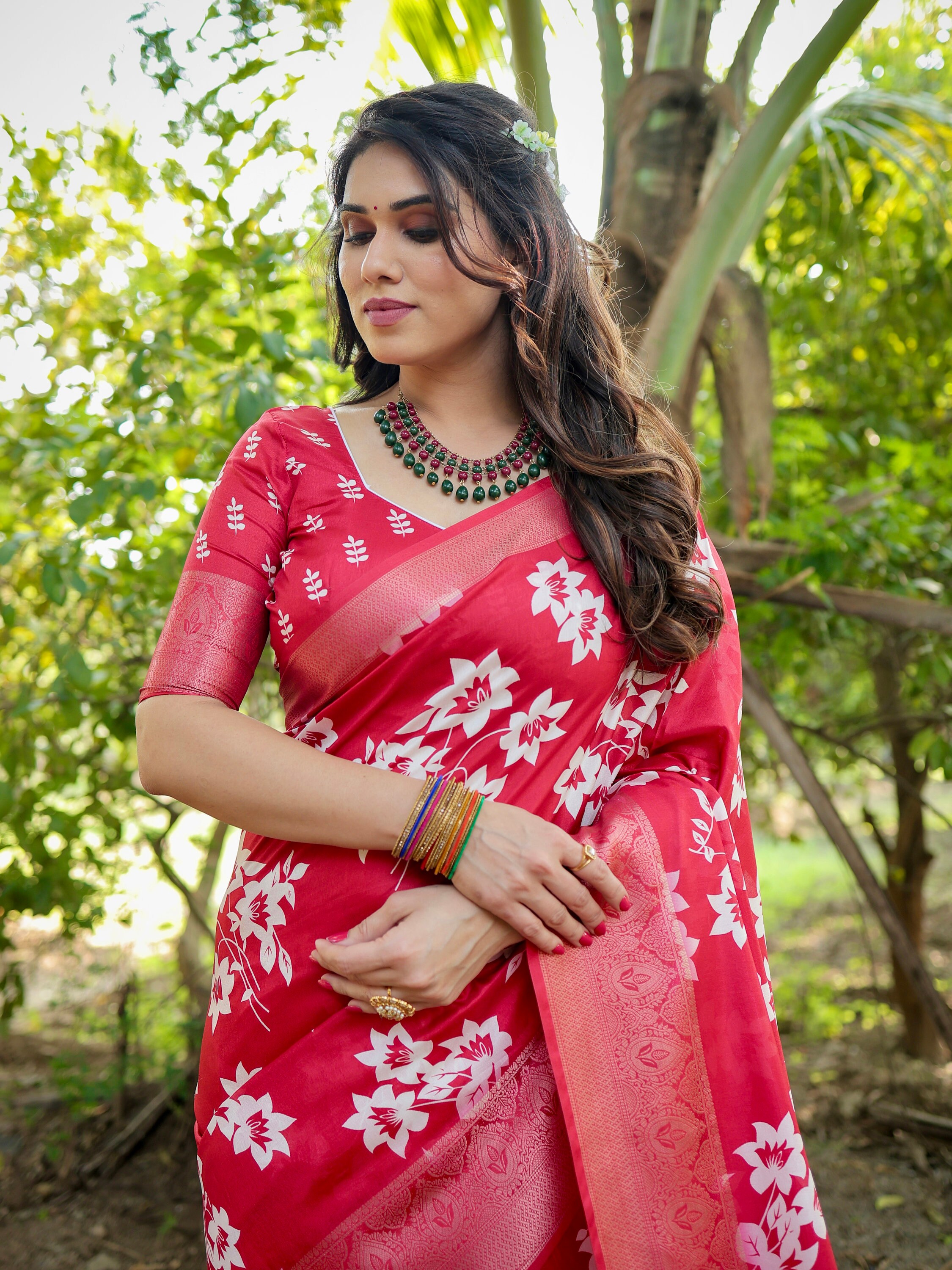 Red Color Saree With Digital Print Work Semi Silk Saree for Women With ...