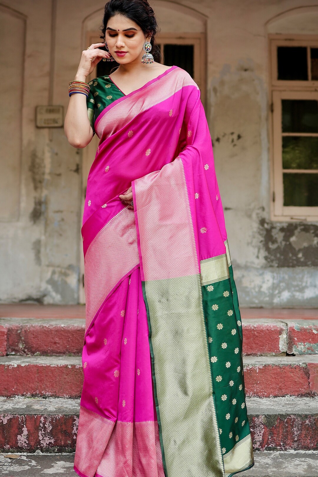 Hot Pink Color Saree With Copper Zari Work Blouse Semi Silk Premium ...