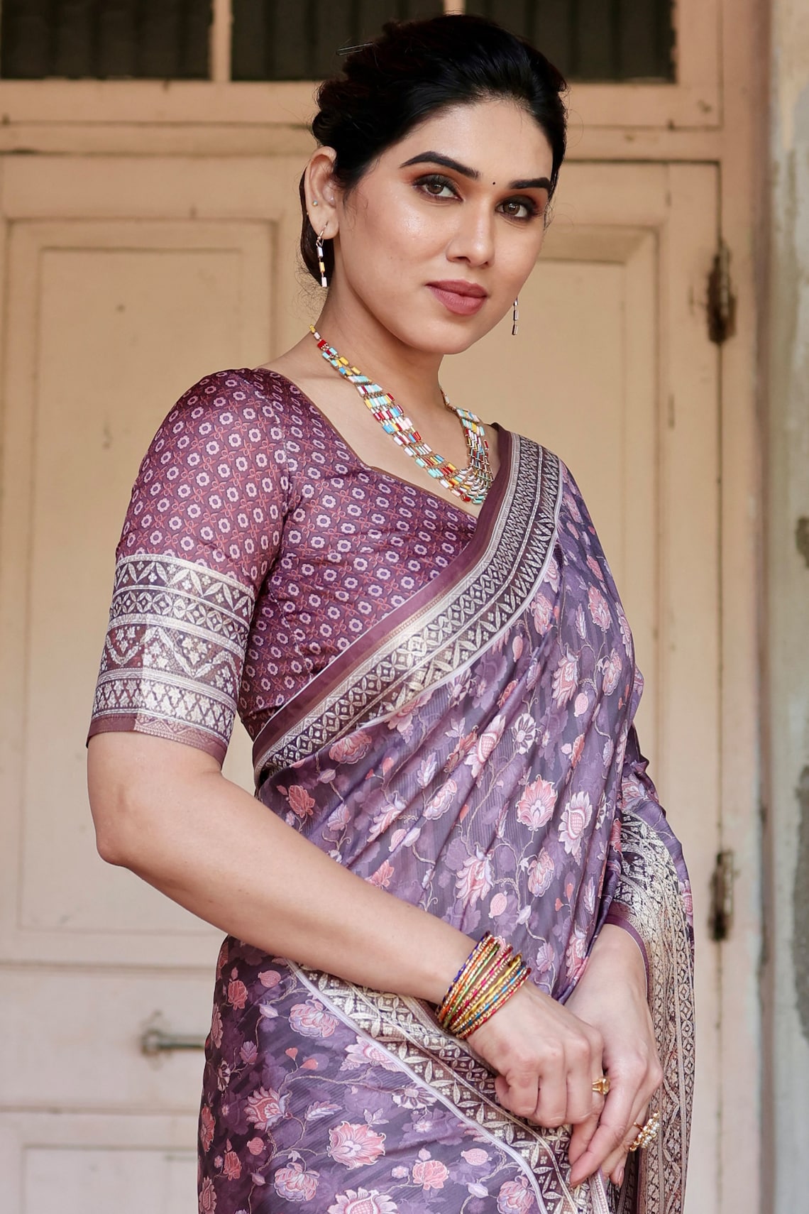 Light Lavender Color Saree With Digital Print Semi Silk Saree for Women ...