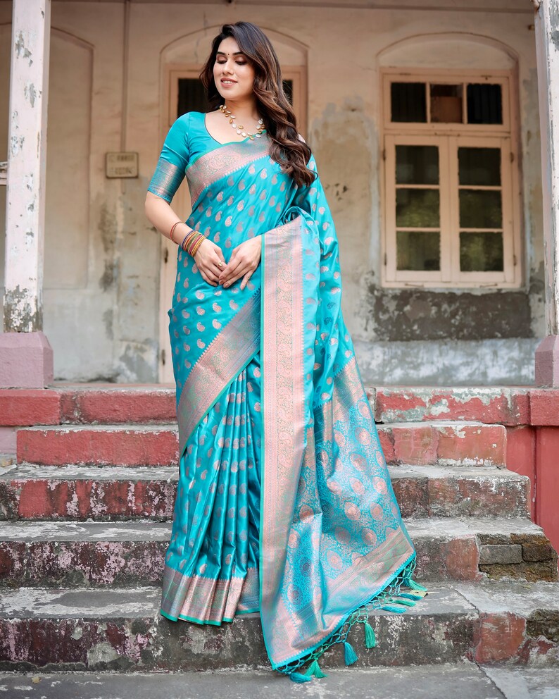 Stunning Firozi Color Saree With Zari Work Semi Silk Saree for Women ...