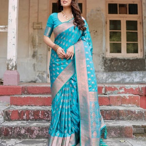 Stunning Firozi Color Saree With Zari Work Semi Silk Saree for Women ...