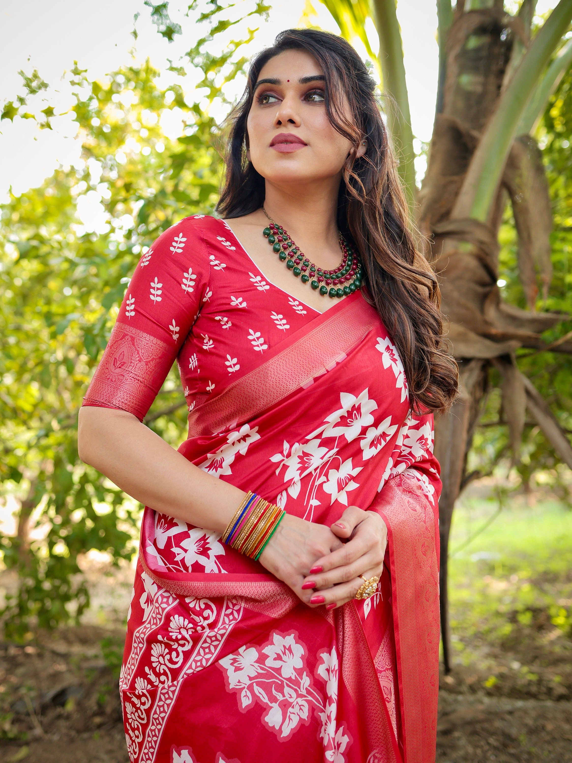 Red Color Saree With Digital Print Work Semi Silk Saree for Women With ...